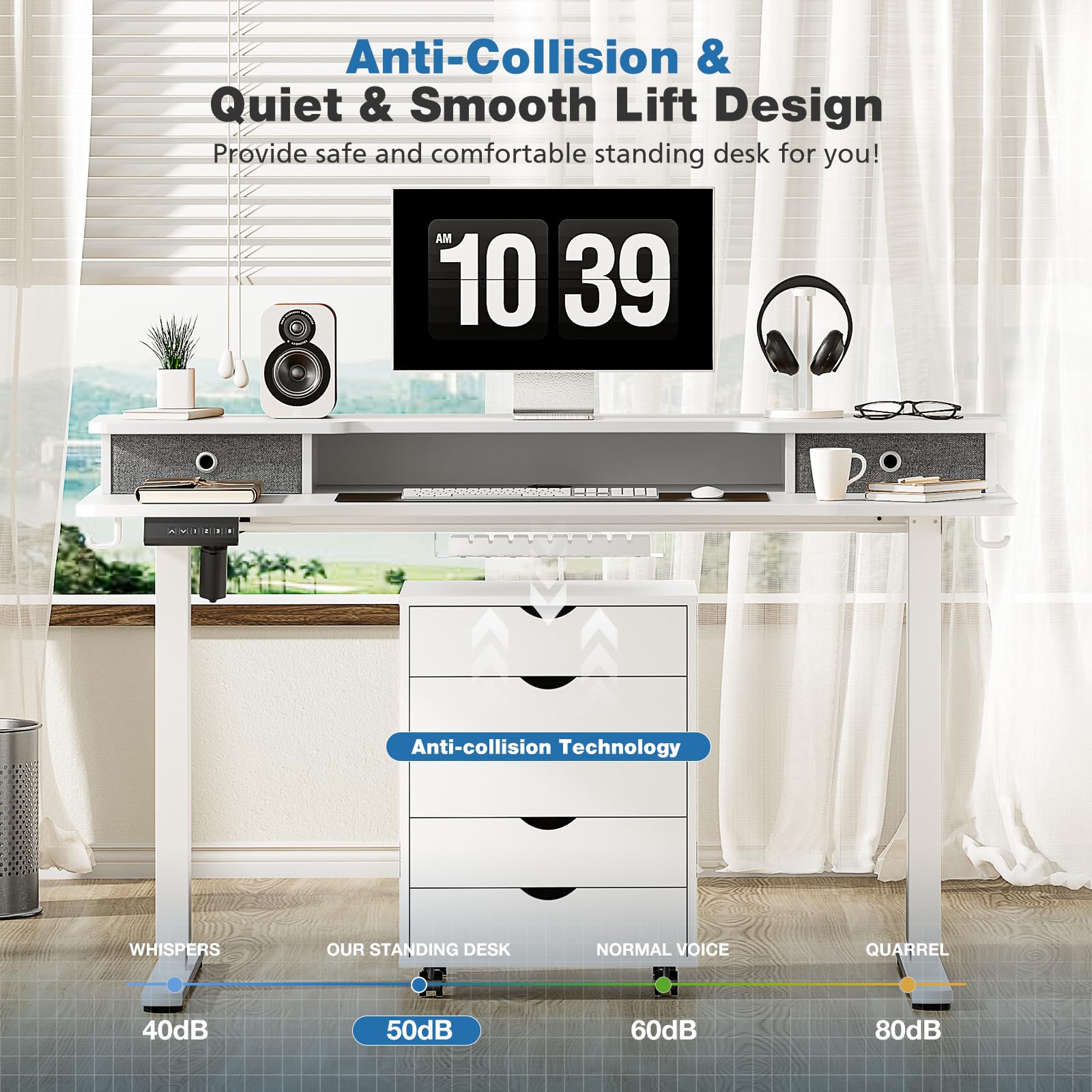 Electric Standing Desk with Double Drawer - 63 x 24 inch Adjustable Height Sit to Stand Up Desk with Storage Shelf, Rising Home Office Computer Table with Splice Board, 2 Hook and Wire Hole for Work