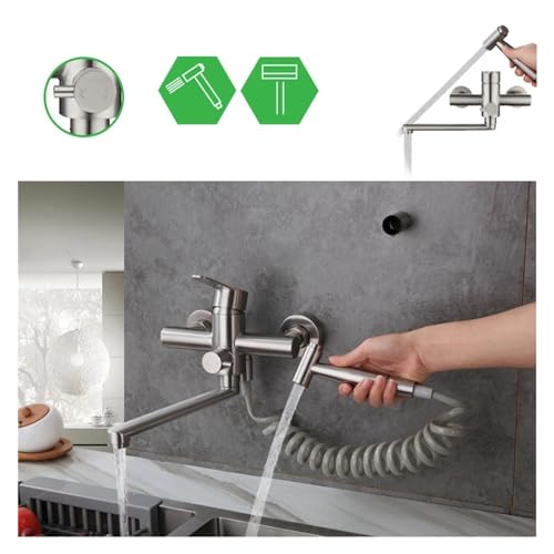 LKBEJMYY Stainless Steel Kitchen Brushed Extension 2 Functions Wall-Mounted Bathtub Mixing Valve Shower Faucet Hand Spray (Color : Faucet Set-1)