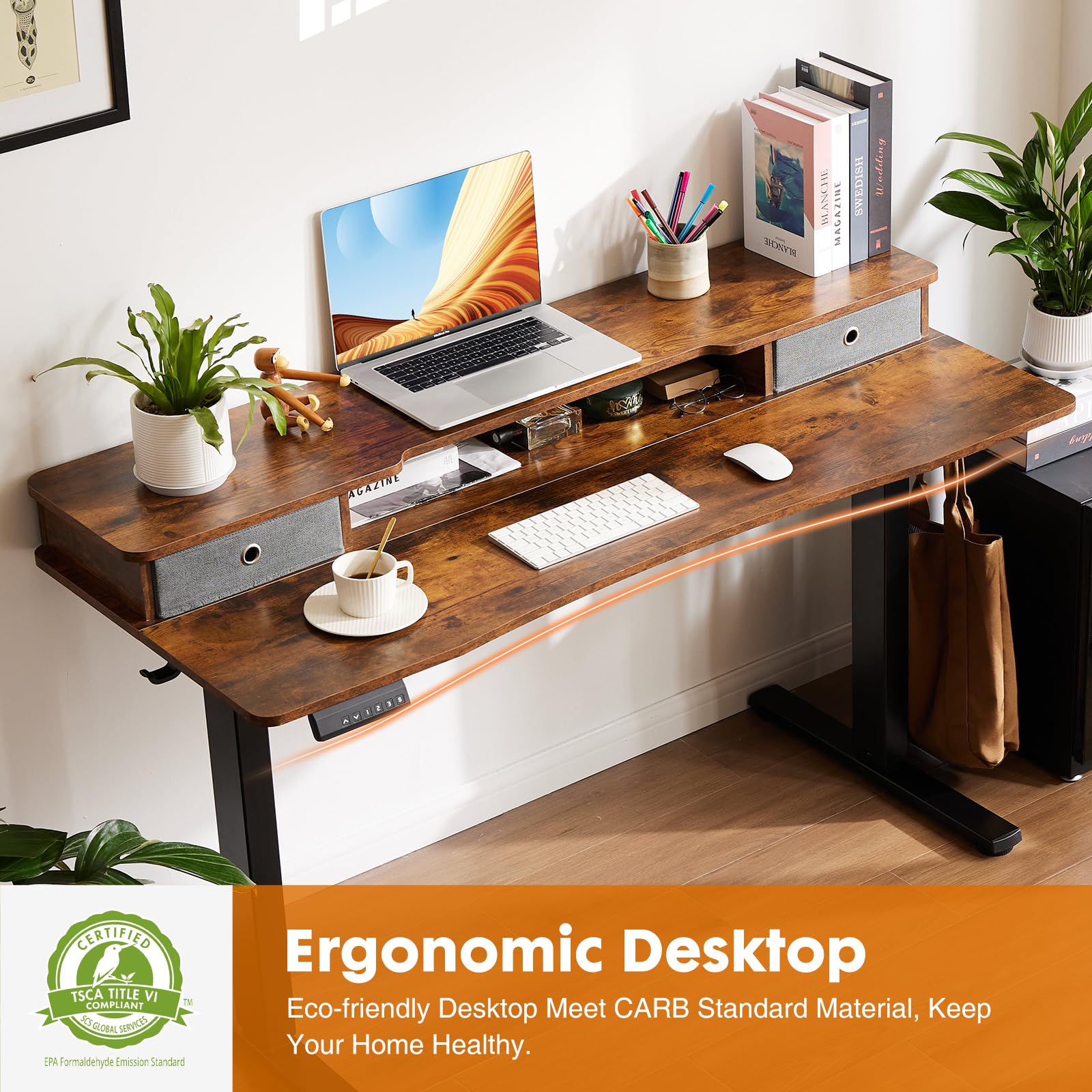 Electric Standing Desk Adjustable Height Stand Up Desk, 55 x 24 Inch Sit Stand Desk Adjustable Desk, Home Office Computer Desk with Storage Shelf, Double Drawer, Splice Board, Rustic Brown Desktop