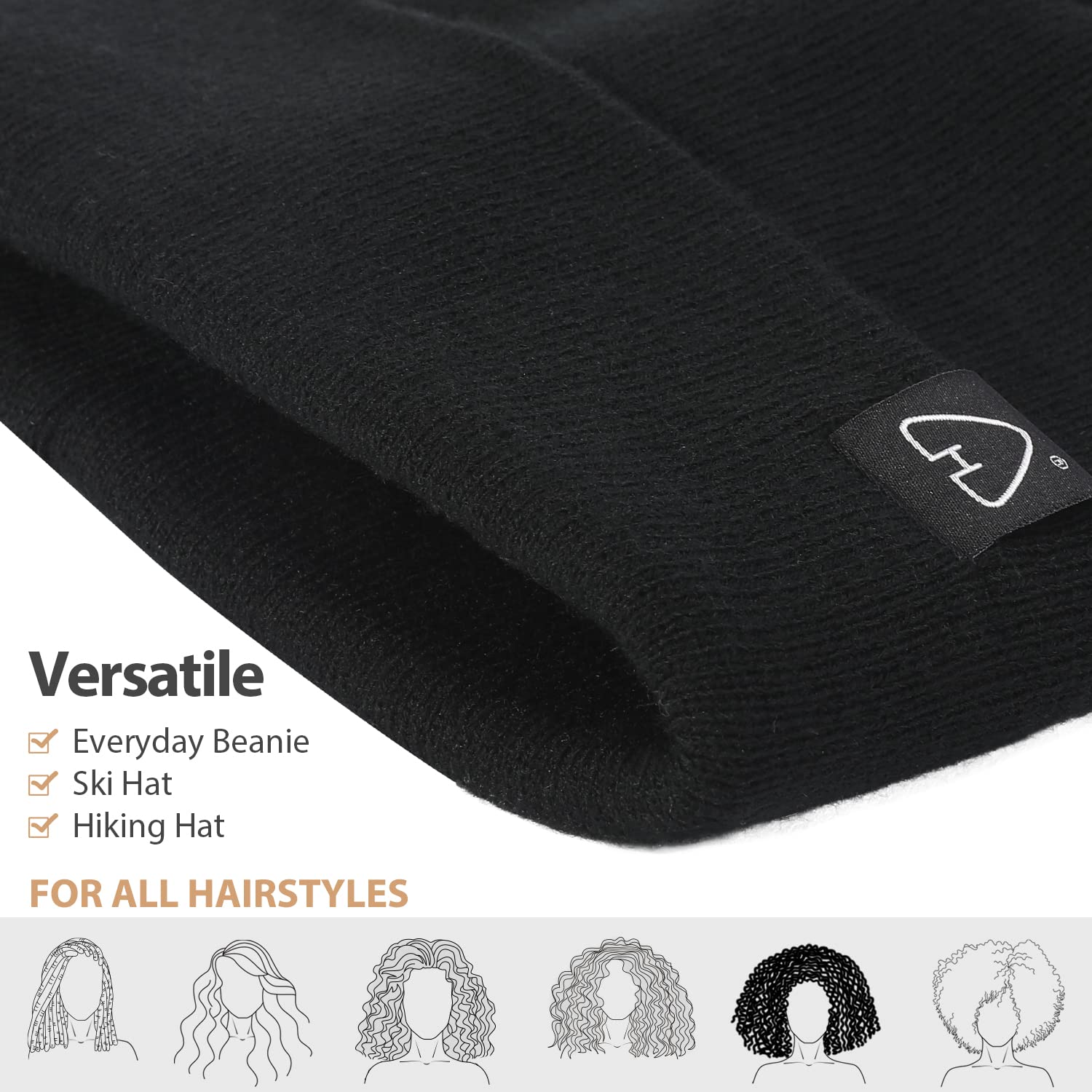 Hat Hut Satin Lined Beanie Hat for Women Cuffed Winter Hats for Curly Hair Silk Lining Slouchy Ski Beanie Hat Warm Skull Cap (Black)