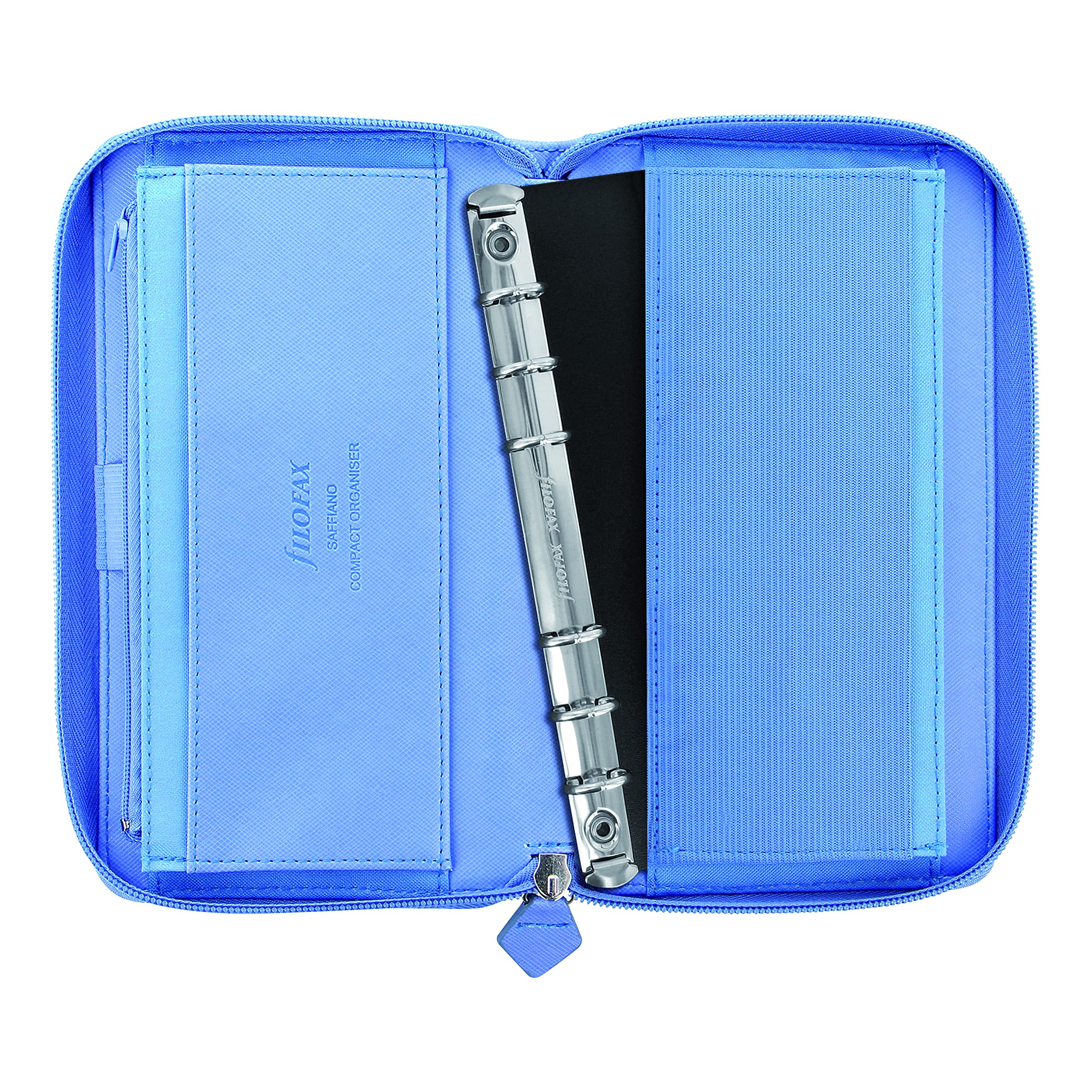 Filofax Saffiano Zip Organizer, Personal Compact Size, Vista Blue - Cross-Grain, Leather-Look, Six Rings, Week-to-View Calendar Diary, Multilingual, 2022 (C022592-22)