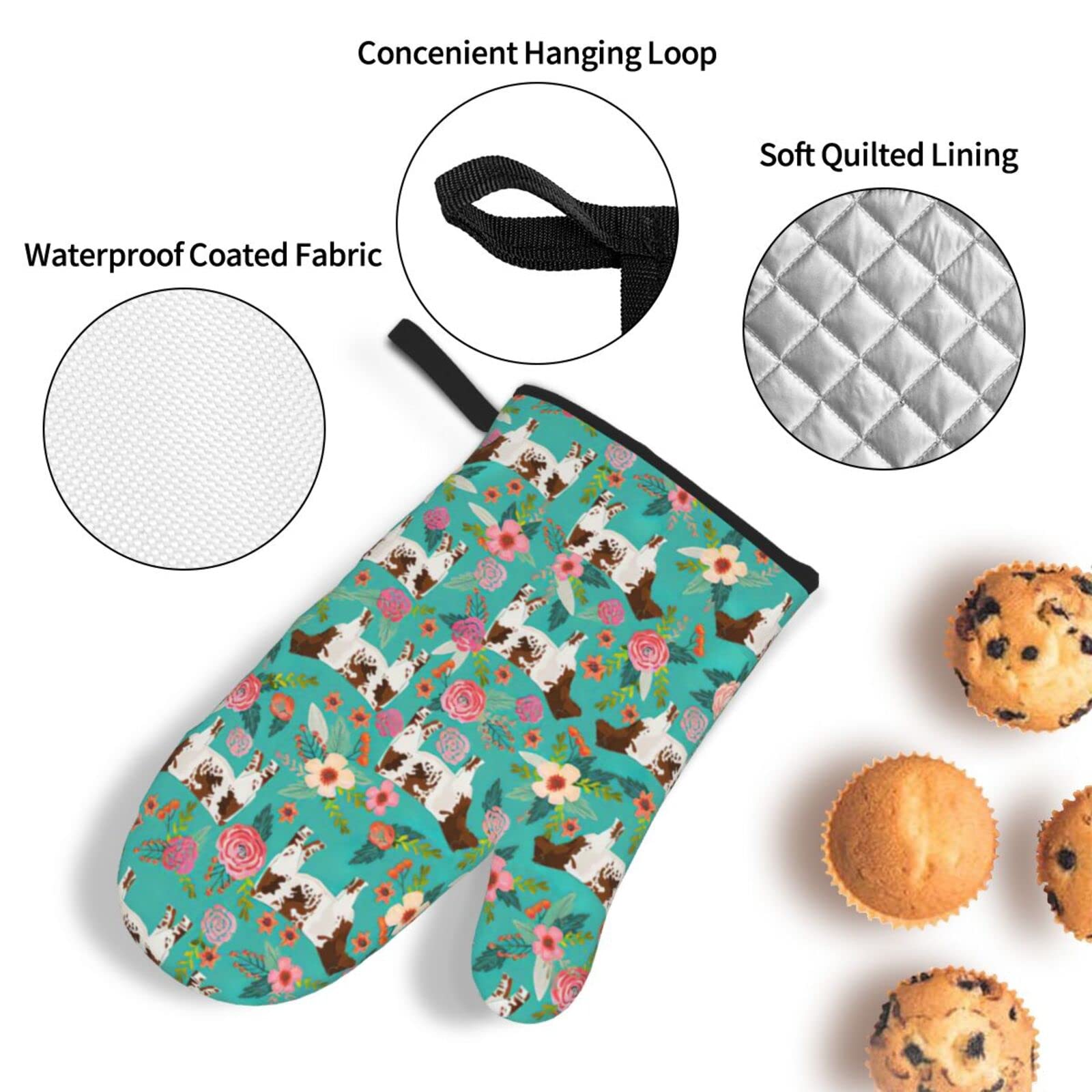 Floral Cow Oven Mitts and Pot Holders Sets, 4 Piece Set, Heat Resistant Polyester Gloves and Pads for Kitchen Cooking Baking Grilling BBQ