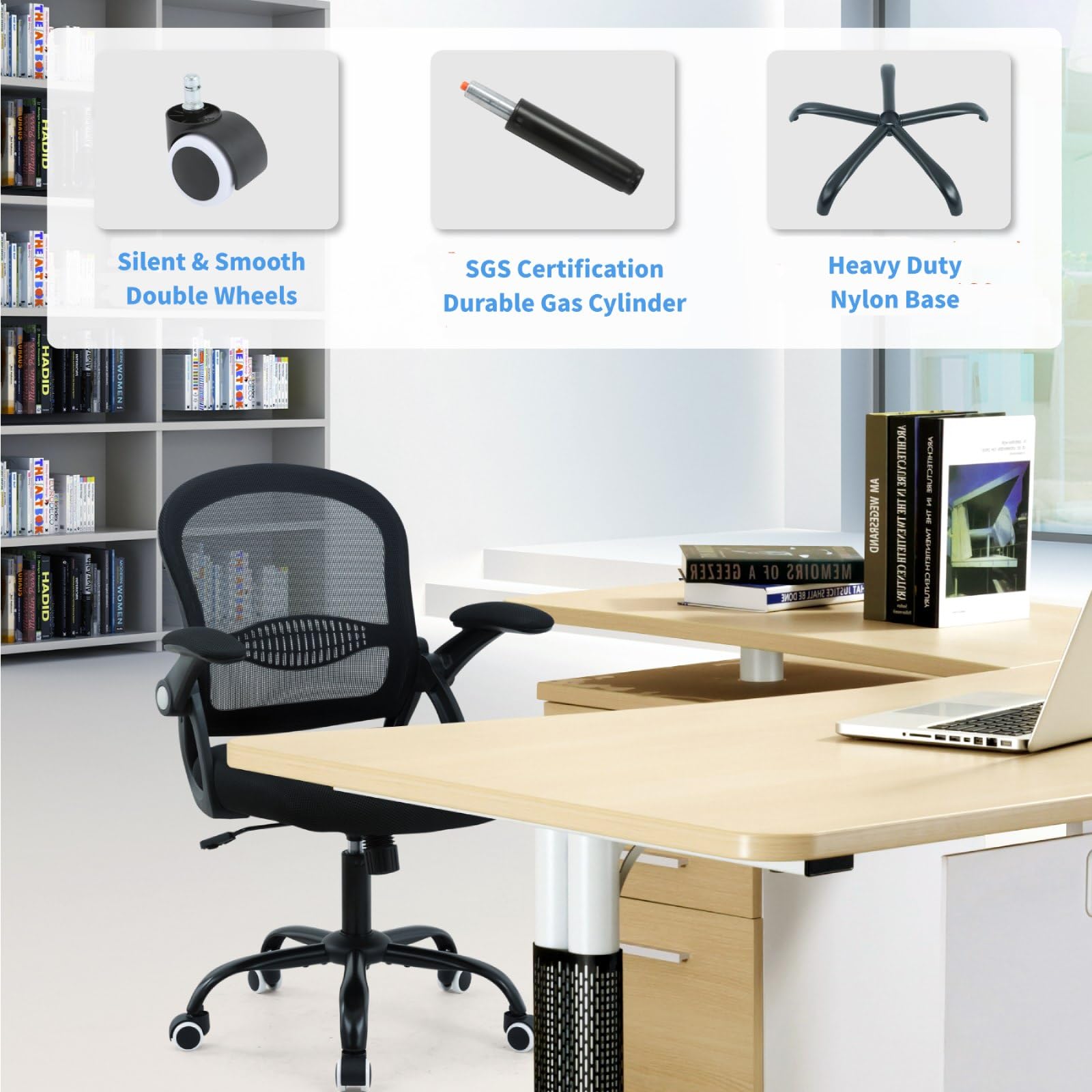 Office Desk Chair, Ergonomic Mesh Office Task Chairs, Mid-Back Computer Desk Chair with Wheels, Flip-up Arms Comfortable Lumbar Support for Home Study, Black