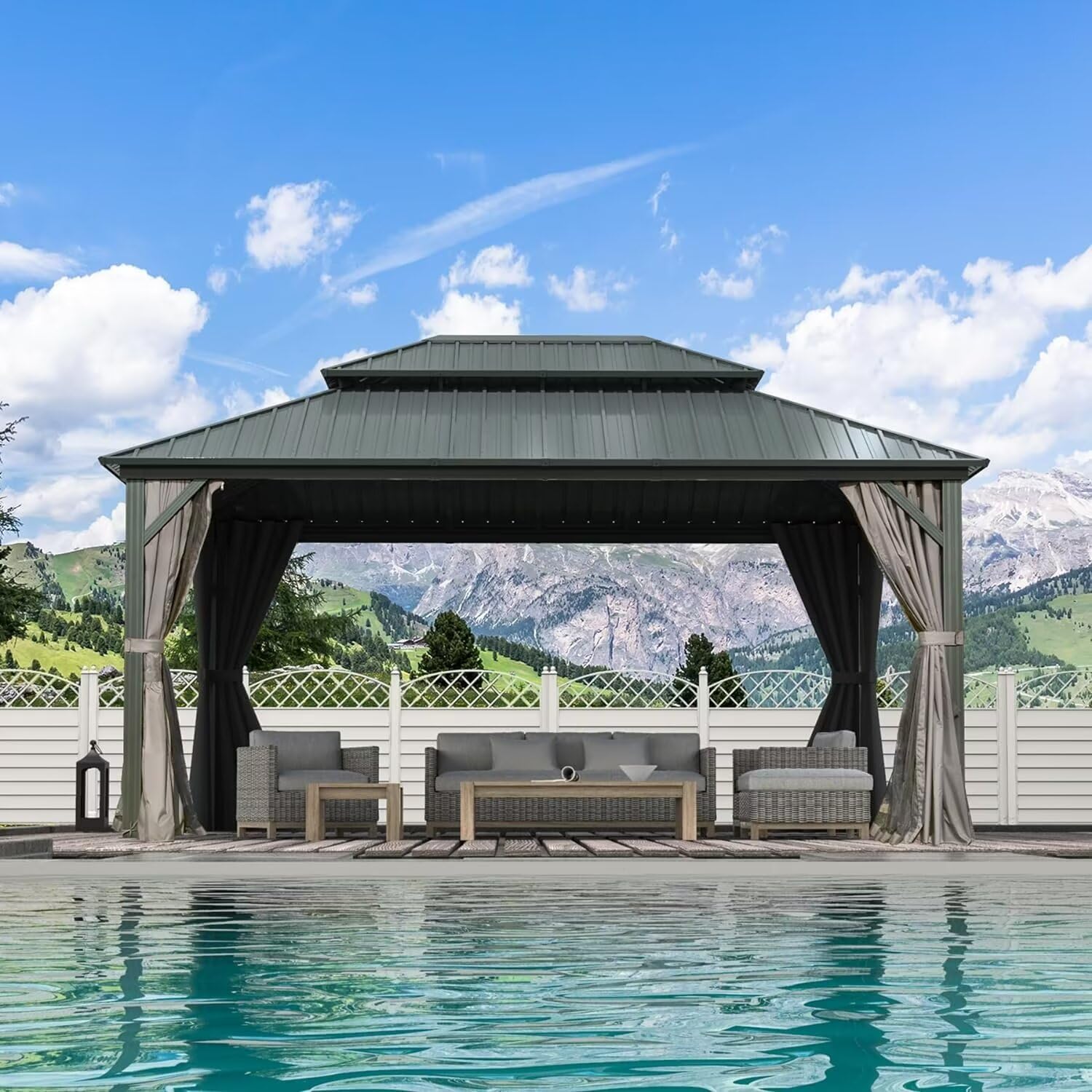 Domi 12β X 16β Hardtop Gazebo Canopy with Netting & Curtains, Outdoor Aluminum Gazebo with Galvanized Steel Double Roof for Patio Lawn and Garden, Gray