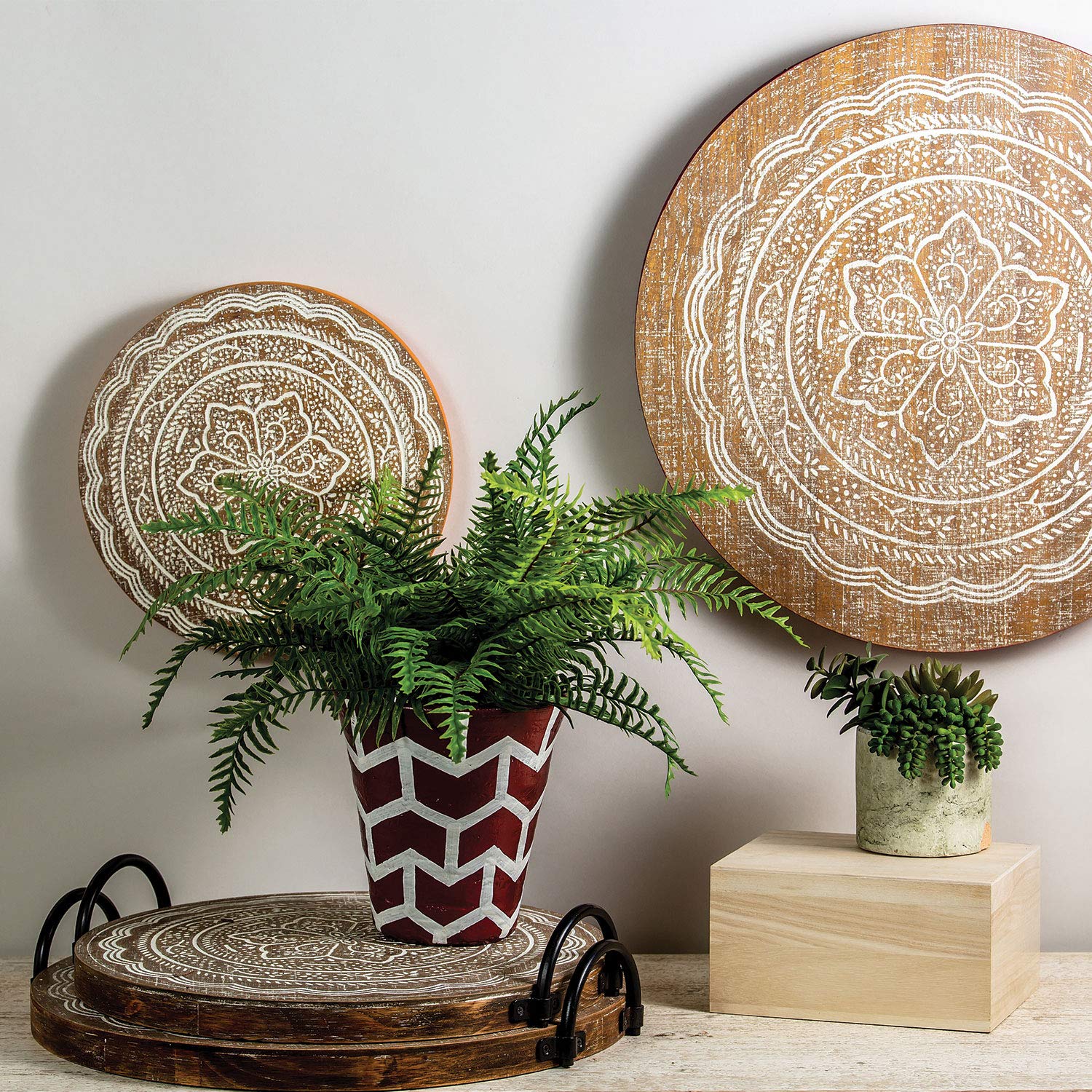 Foreside Home and Garden Set of 2 Rustic Wood Henna Pattern Decorative Trays with Metal Handles, 70, Brown, White