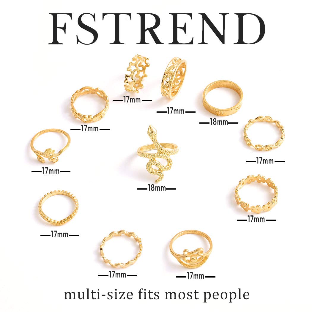 Fstrend Boho Rings Set Gold Snake Rose Joint Knuckle Finger Rings Sets Vintage Star Stackable Midi Ring Jewelry for Women and Girls(11 Pcs)