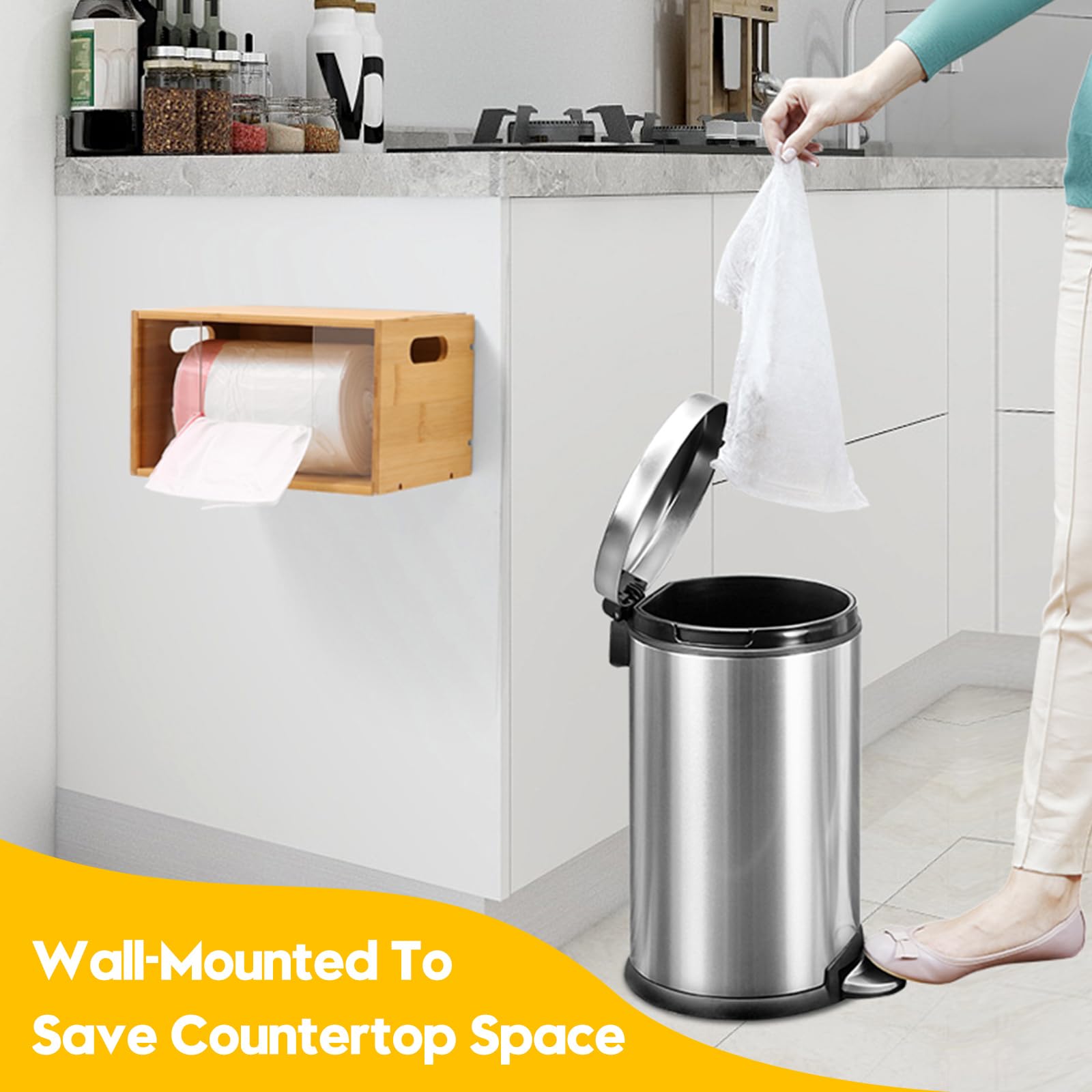 Qozary Extra Large Trash Bag Holder - Wall Mounted Bamboo Trash Bag Dispenser with Handles, Garbage Bag Dispenser Roll Holder for Kitchen Countertop, Under Sink - Keeps Garbage Rolls Neat and Handy