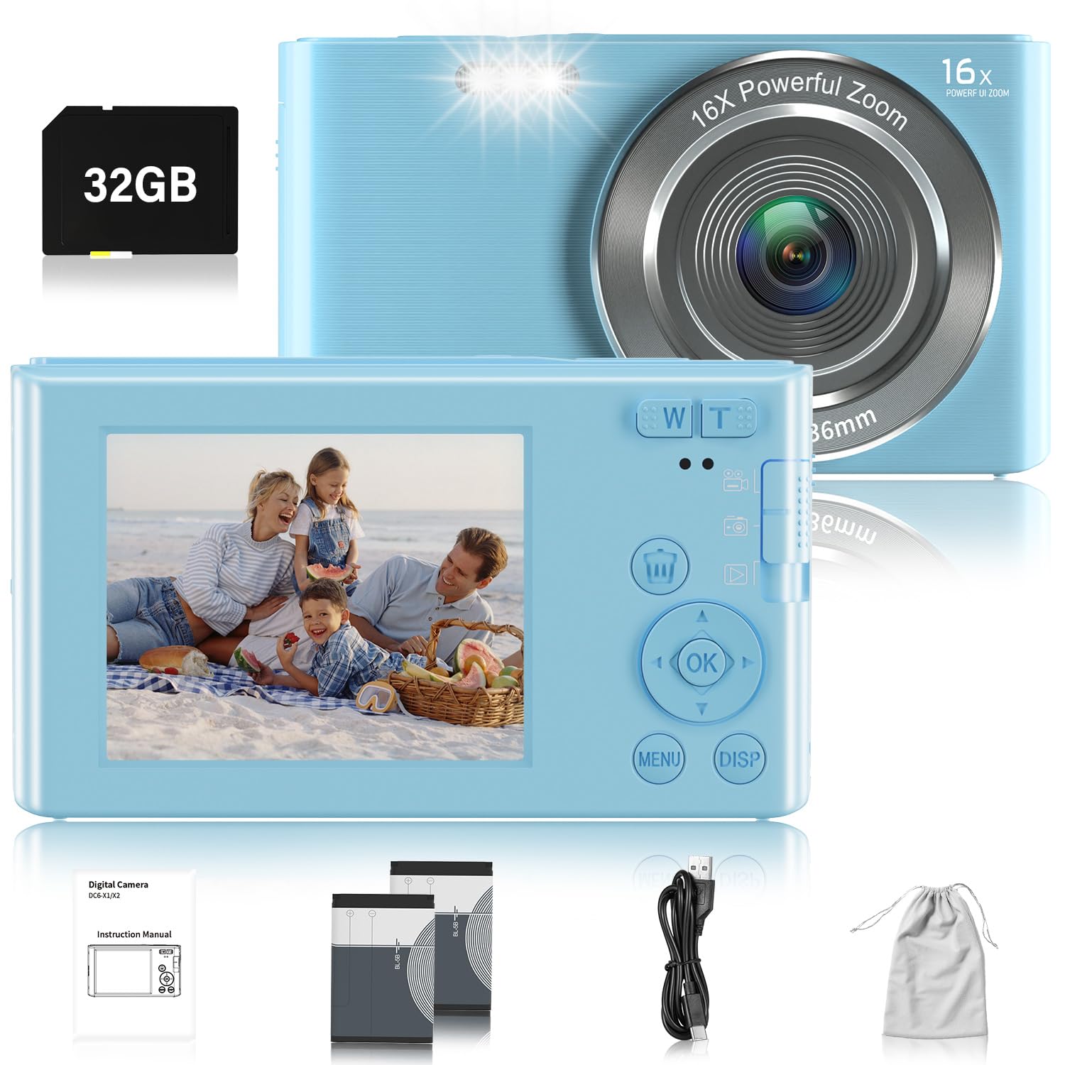 Digital Camera, 1080P 44MP Compact Camera for Kids Digital Video Camera with 16X Digital Zoom, Portable Point and Shoot Digital Cameras for Beginners,Students,Teens with 32GB SD Card and 2 Batteries