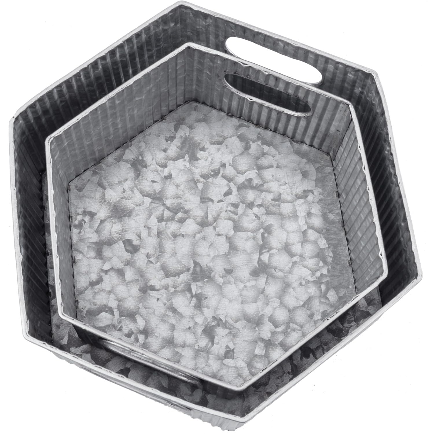 MyGift Rustic Corrugated Galvanized Silver Tone Metal Hexagonal Decorative Baskets, Home Storage Organizer Bins with Nesting Design and Cutout Handles, 2 Piece Set
