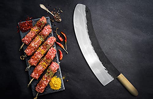 Healinnova Carbon Steel Handmade Forged Gourmet Professional Chef Chopping Curved Mincing Knife Kebab Big Blade Kitchen Cleaver - Pizza Cutting Show (15.7 in / 40 cm)