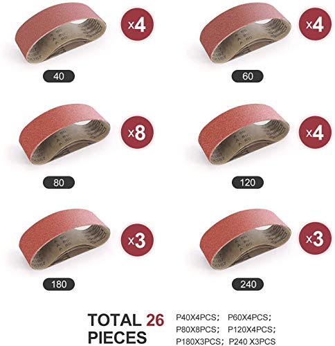 Jellas 26PCS 3 x 21-Inch Aluminum Oxide Sanding Belts, 40/60/80/120/180/240 Assorted Grits Abrasive Belts for Belt Sander