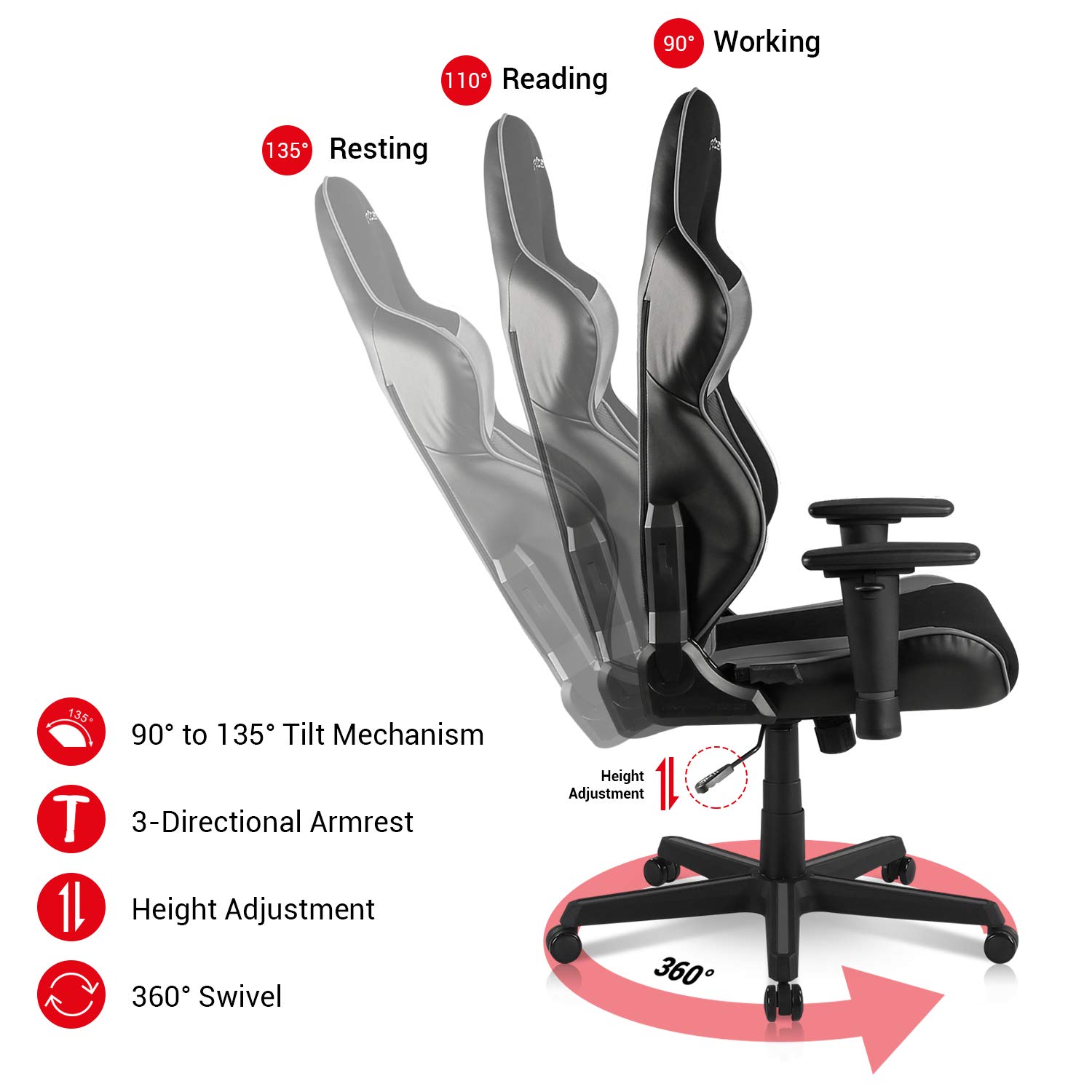 DXRacer Master Suede Racing Series Adjustable Ergonomic Computer Gaming Home Office Leather Desk Chair with Lumbar Support, Swivel Base, Wheels, and Headrest, Extra Large, Black and Grey