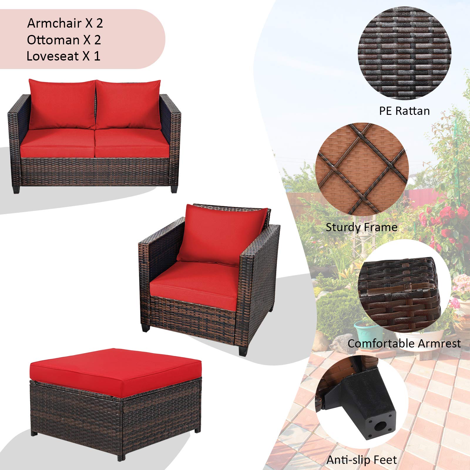 Tangkula 5 Pieces Patio Furniture Set, Outdoor Rattan Sofa Set w/Removable Cushions, Wicker Loveseat w/Single Sofa and Ottoman, Sectional Sofa Conversation Set for Backyard, Garden, Poolside (Red)