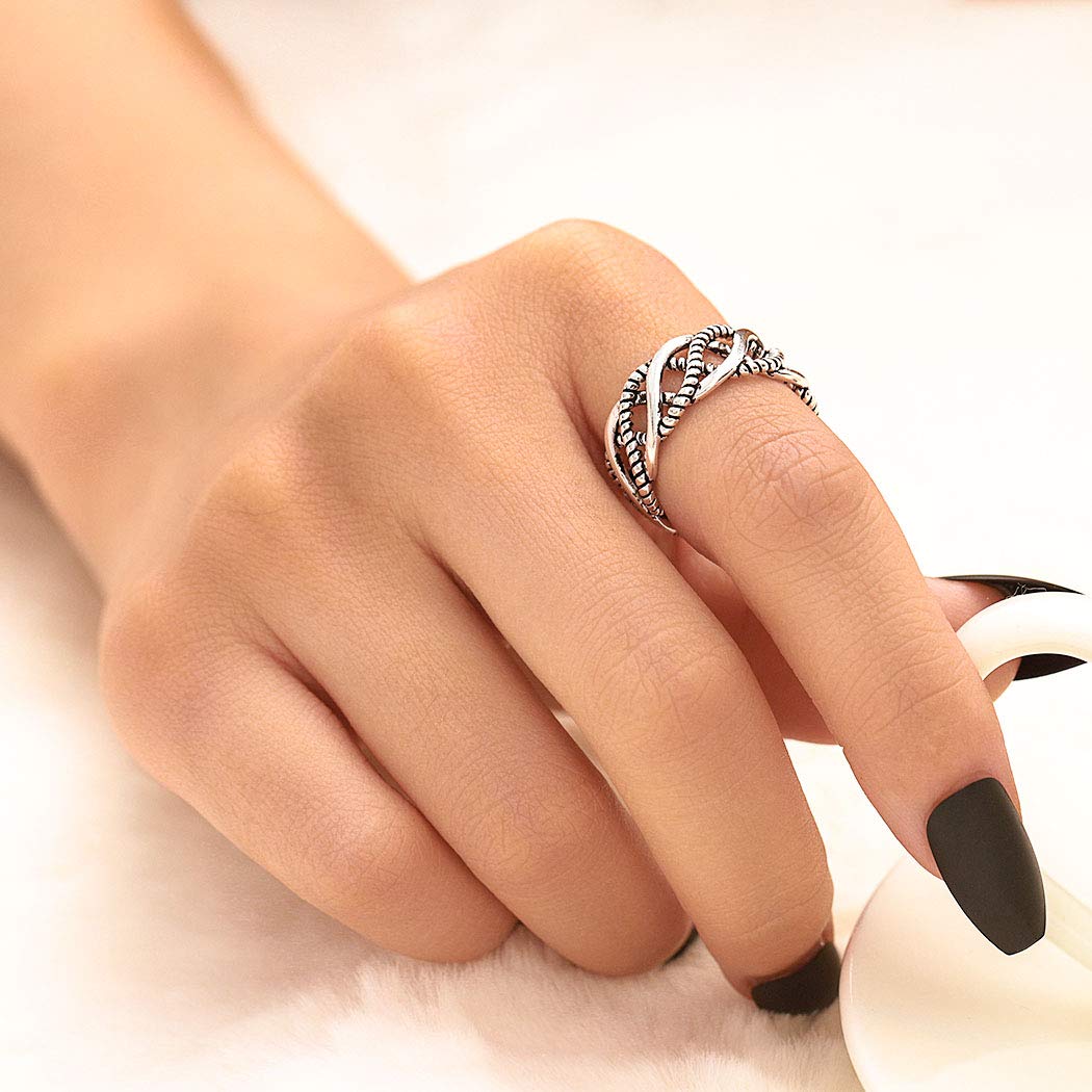Fstrend Vintage Band Ring Silver Wrap Cross Women's Statement Ring Retro Wave Stainless Steel Adjustable Open Rings Jewelry for Women and Girls