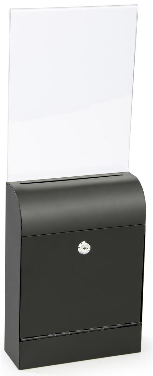 Donation Box, Metal, Slim Profile, Locking, Holder for 8.5" x 11" Sign, Hardware Included (Black Metal)