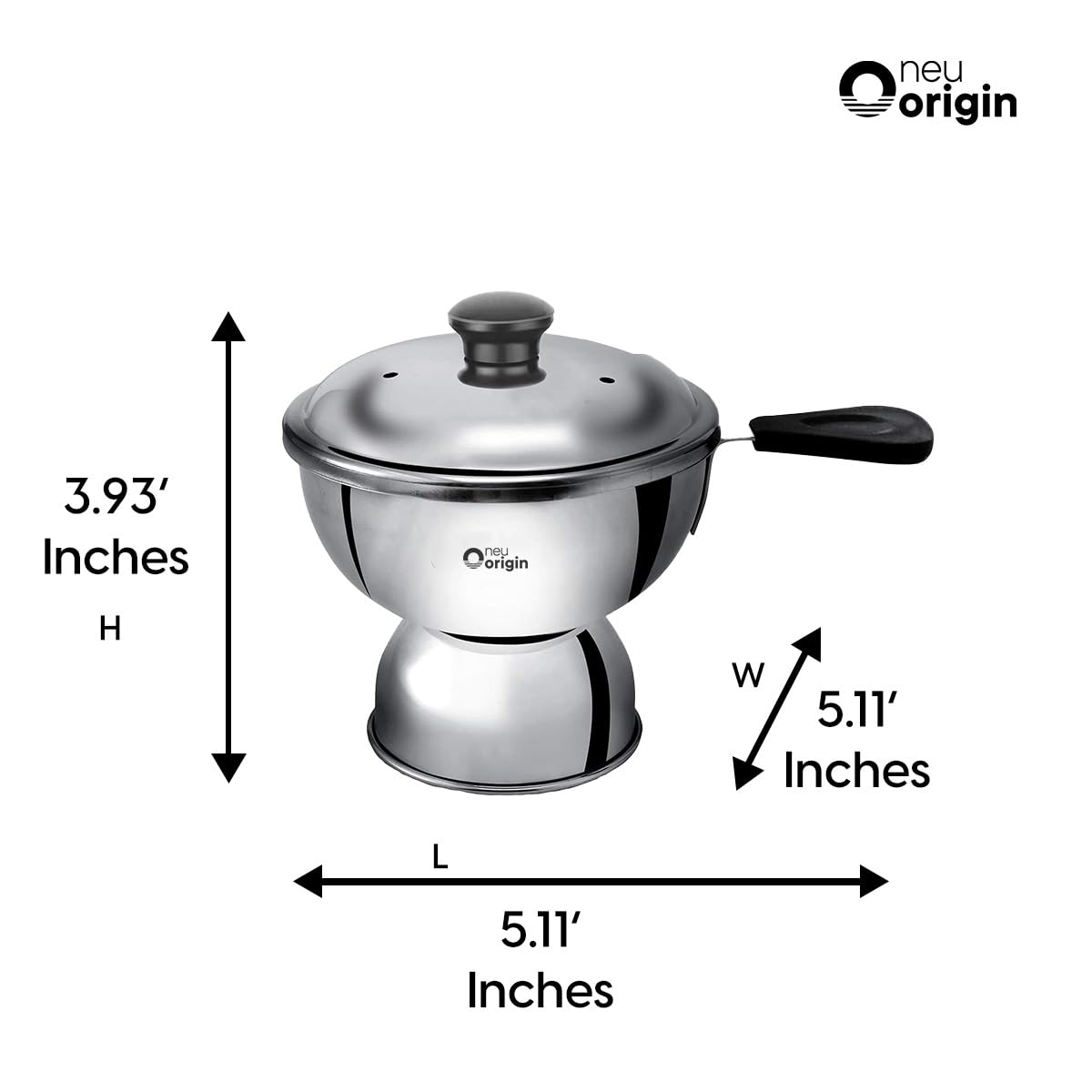 NeuOrigin Stainless Steel Chiratta Puttu Maker - Use with Pressure Cooker, Steamer and Puttu maker, 5.11 x 5.11 x 3.93 inches, Outer Lid Design with Handle, Made In India with Quality