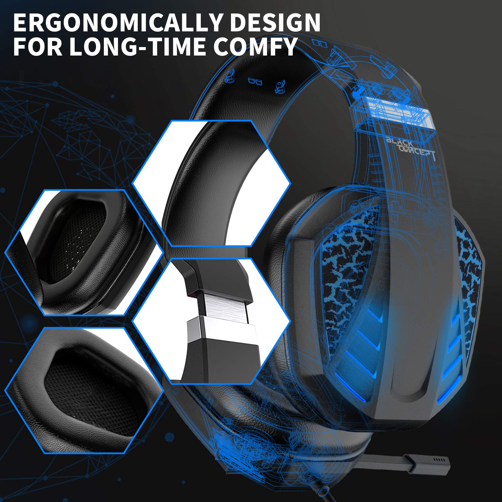 Gaming Headset for Xbox one,PC,PS4,PS5,Laptop,Mac,iPad,Switch Games, Video Game Headset with Microphone LED Lights Noise Canceling Bass Surround Soft Memory Earmuffs for Game Competition-Blue