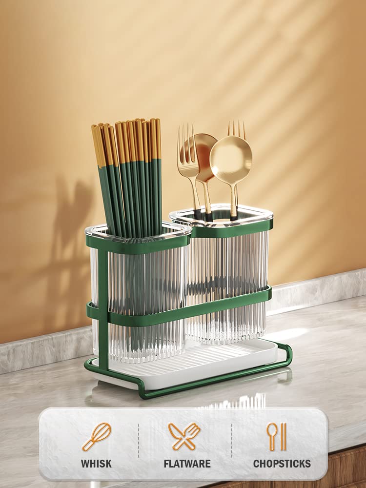 FEIJSQIU Utensil Holder with 2 Compartments Cooking Utensil Holder for Cooking Tools Storage and Utensil Organizer Utensil Drying Rack has Tray at Bottom for Easy Drainage.Clean Easy (Green)