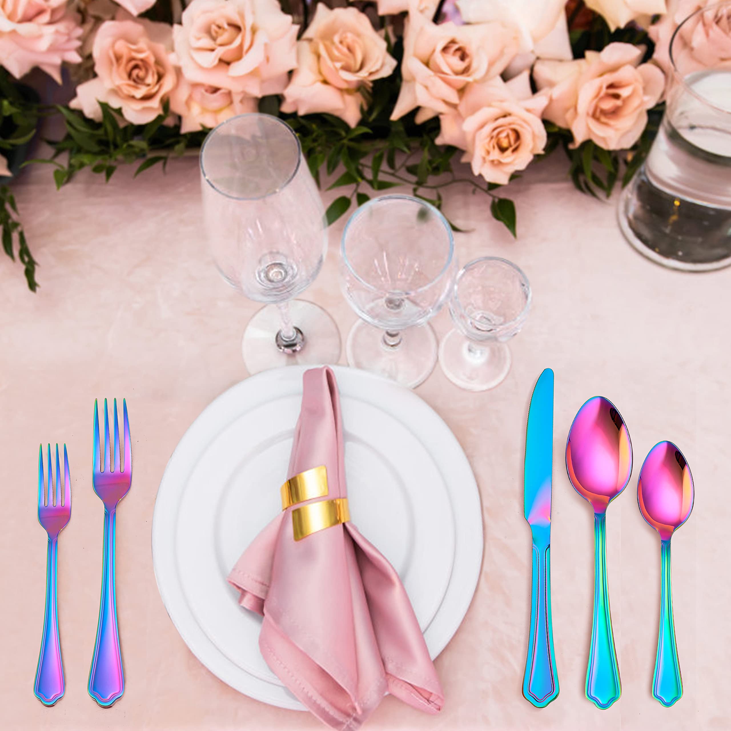 E-far Rainbow Silverware Set, 20 Piece Stainless Steel Flatware Set Service for 4, Colorful Knives Forks Spoons Utensils Set with Square Edge, Mirror Polished