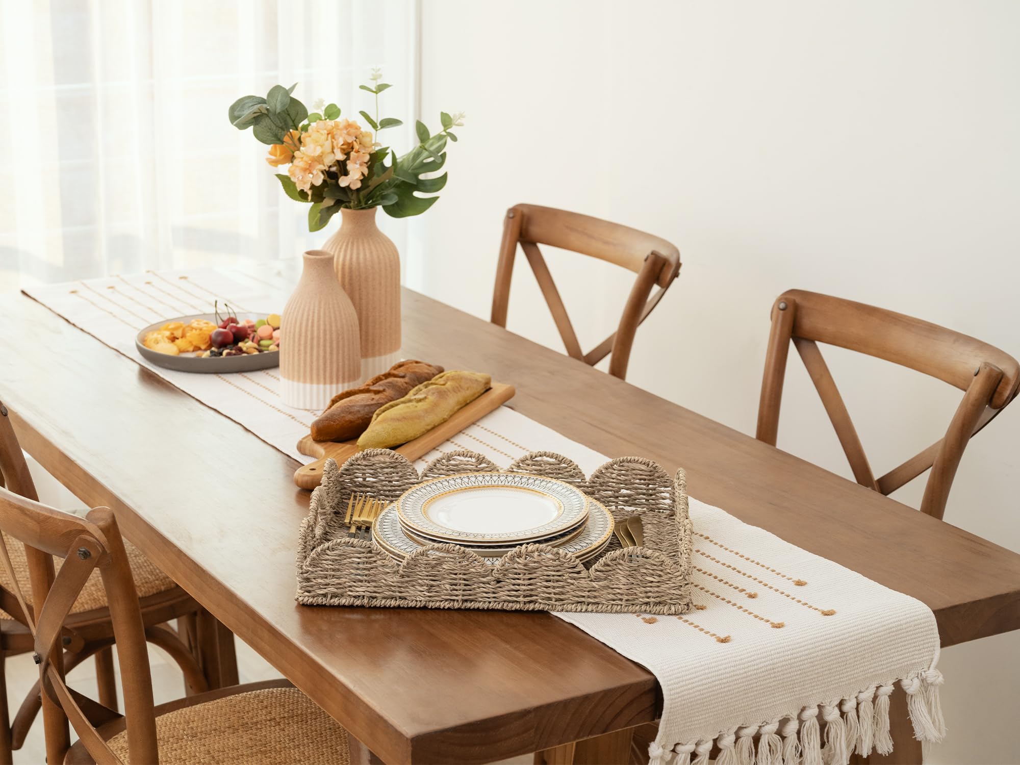 StorageWorks Scalloped Tray, Wicker Rattan Serving Tray with Handles, Woven Rectangle Seagrass Tray, Scalloped Basket Table Décor Trays, Rattan Basket Tray for Ottoman Decorative and Organizer Trays