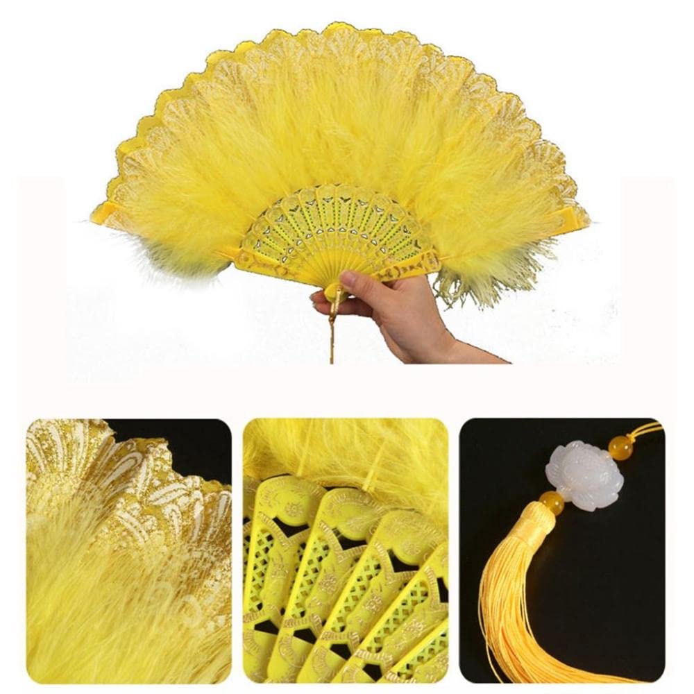 Feather Folding Fan Fashion Dance Hand Fan for Party Show Cosplay Props Photo Props Handmade with Pendant Wedding Gift(red)
