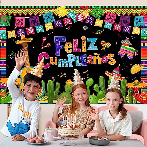 Feliz Cumpleaños Backdrop Mexican Fiesta Happy Birthday Party Decorations Supplies Cactus Balloons Mexico Cinco De Mayo Carnival Bday Cake Table Banner Photography Background Photo Props