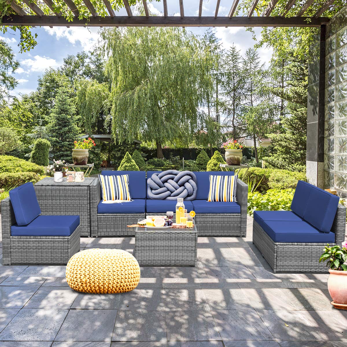 Tangkula 8 PCS Outdoor Patio Furniture Set, Rattan Wicker Sofa Set, Sectional Sofa Couch Conversation Set w/Storage Table and 12 Zippered Cushions for Garden Backyard Poolside (Navy)