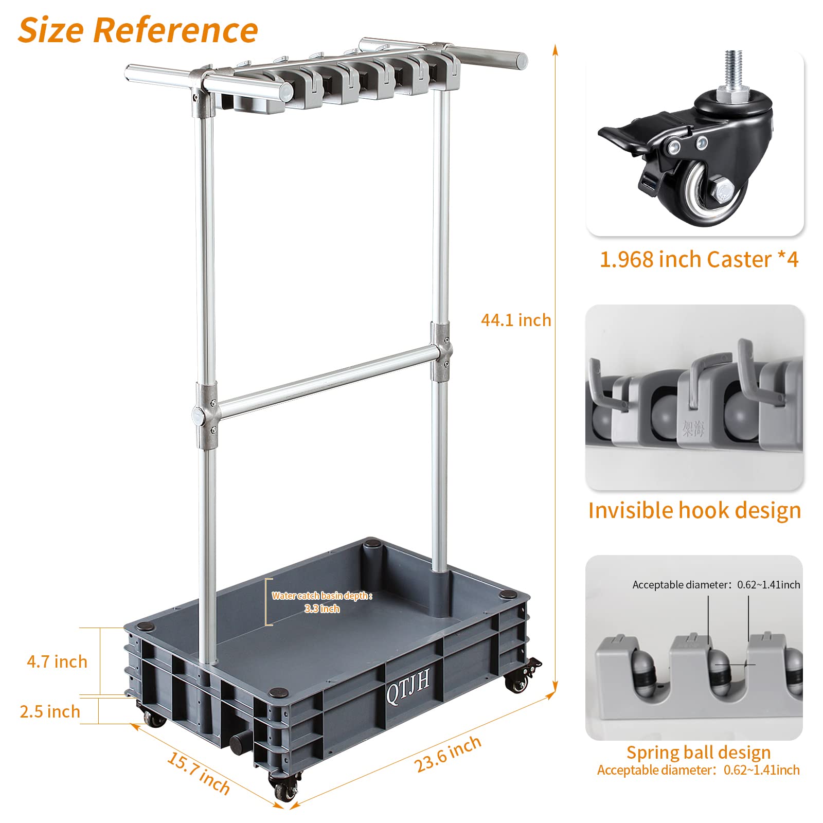 QTJH Broom mop holder cleaning supplies organizer janitorial carts on wheels housekeeping station storage tools for garage, garden, closet, cabinet.