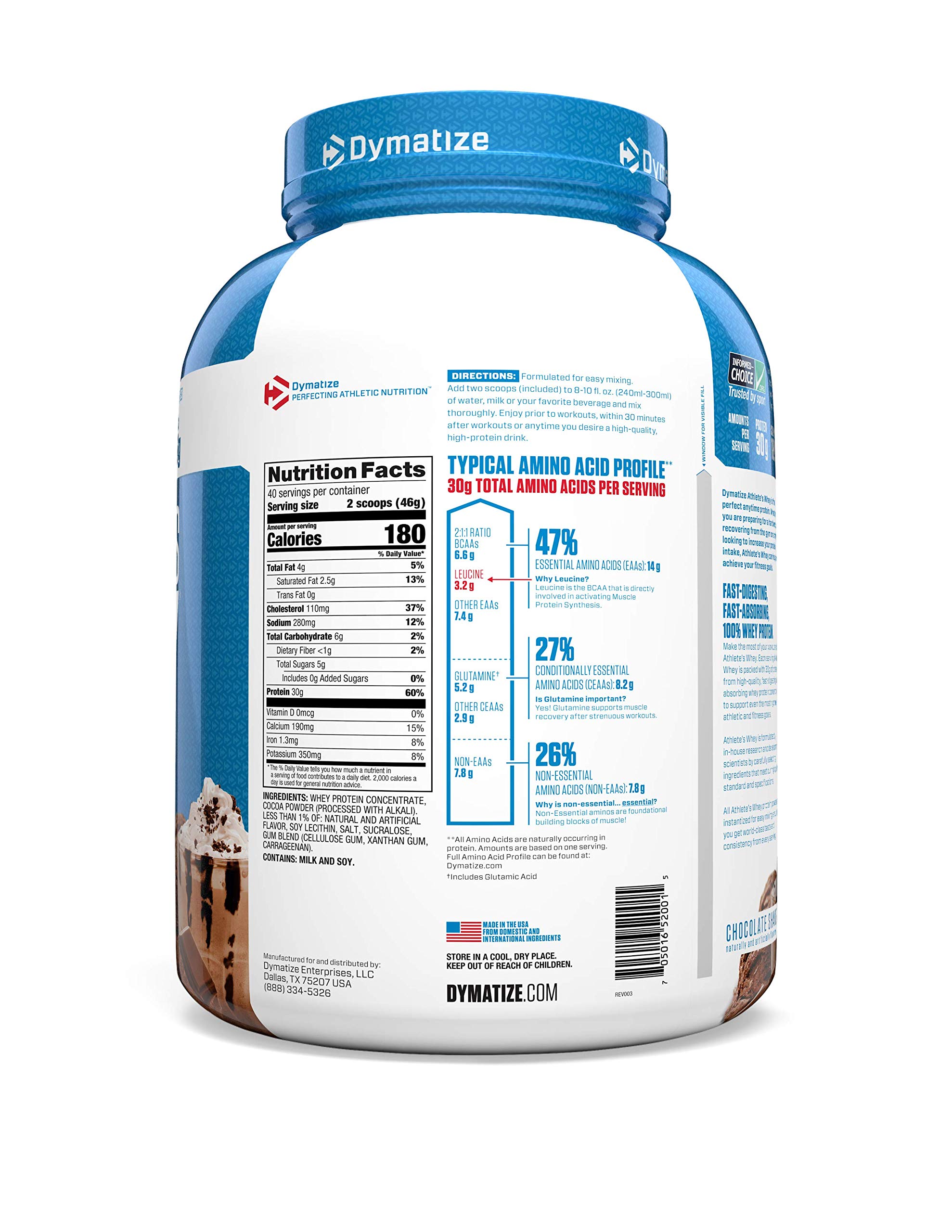 Dymatize Athlete's Whey Protein Powder, 30g of Protein, 6.6g BCAAs, Chocolate, 40 Servings (Pack of 1), 40 Count