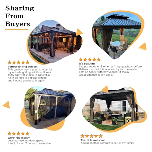 Domi Hardtop Gazebos 12x16FT, Aluminum Metal Gazebo with Galvanized Steel Double Roof Canopy, Curtain and Netting, Permanent Gazebo Pavilion for Patio, Backyard, Deck and Lawn, Grey