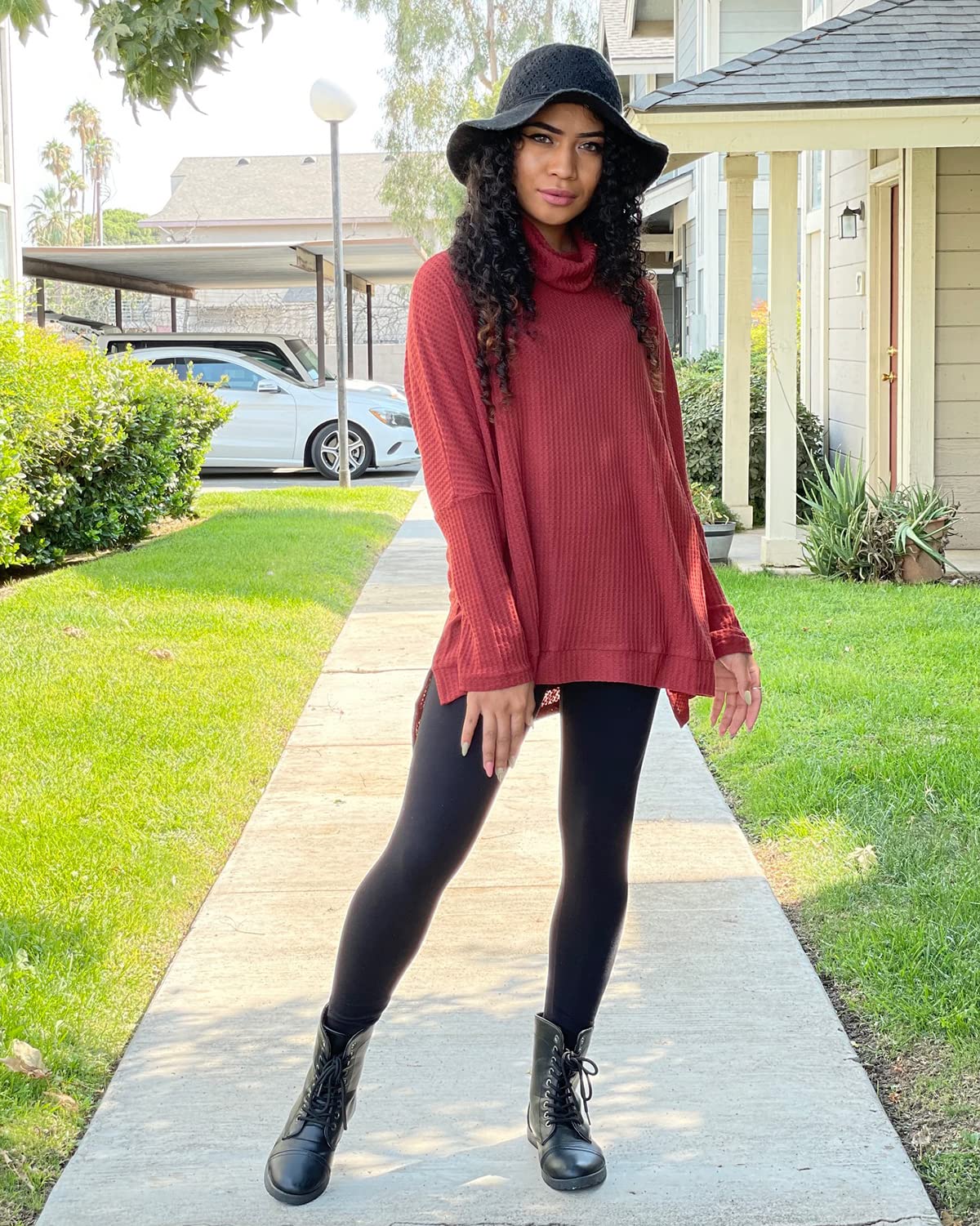 Dokuritu Women's Turtleneck Long Sleeve Red Knit Sweater Causal Loose Cowl Neck Waffle Knit Tunic Tops High Low Side Slit Pullover(Red,S)