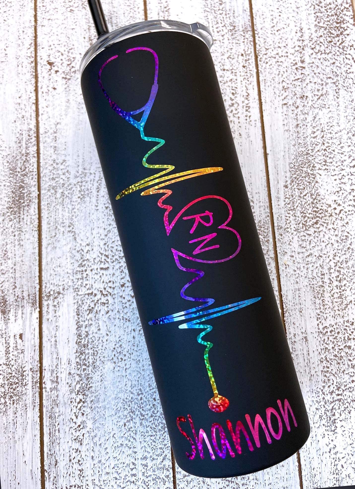 Heartbeat Nurse's Personalized 20 oz Stainless Steel Skinny Tumbler with Custom Stethoscope Vinyl Decal by Avito - Includes Straw and Lid - Nurse RN,CNA - Nurse Gift