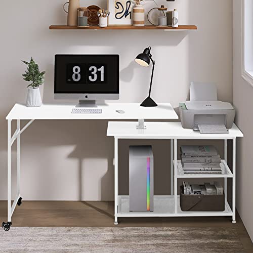 LTMEUTY 360°Free Rotating Desk - Modern Home 0ffice Desk, Reversible Computer Desk Study Writing Table Workstation, L-Shaped Corner Desk with Storage Shelves, Sofa Side Table, White