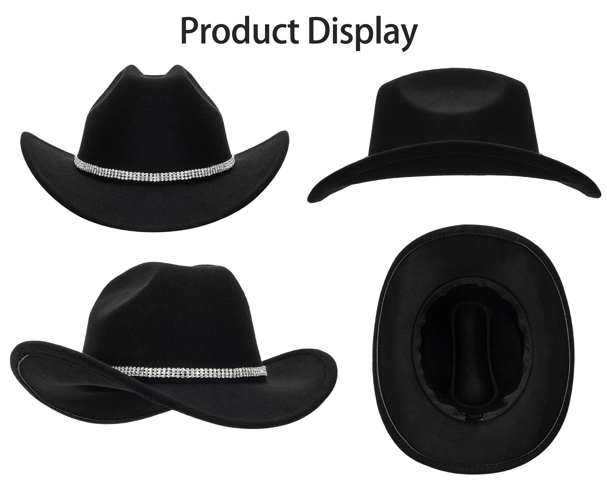 INOGIH Classic Black Western Felt Roll-Up-Brim Cowboy-Hat for Women Men - Bling Cowgirl-Hat Felt Fedora for Disco Parties
