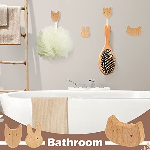 NUANNUAN 4 Pcs Cute Animal Hooks Wood Solid Wall Hanger, Creative Cat/Rabbit/Dog/Fox Shelf Reusable Cartoon Utility Hook for Kids Room Entryway Bedroom Key Coat Towels Hats Jackets Backpack Hanging