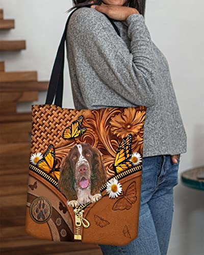 English Springer Spaniel Dog Daisy Butterflies Leather Pattern Tote Bag, Casual Handbag For English Springer Spaniel Mom Gift
