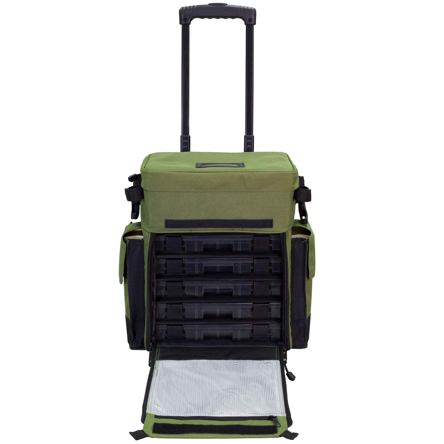 Elkton Outdoors Rolling Tackle Box with Wheels - Waterproof Fishing Backpack, 5 Removable Trays, 4 Rod Holders, Gifts for Men, Fish Bag, Roller