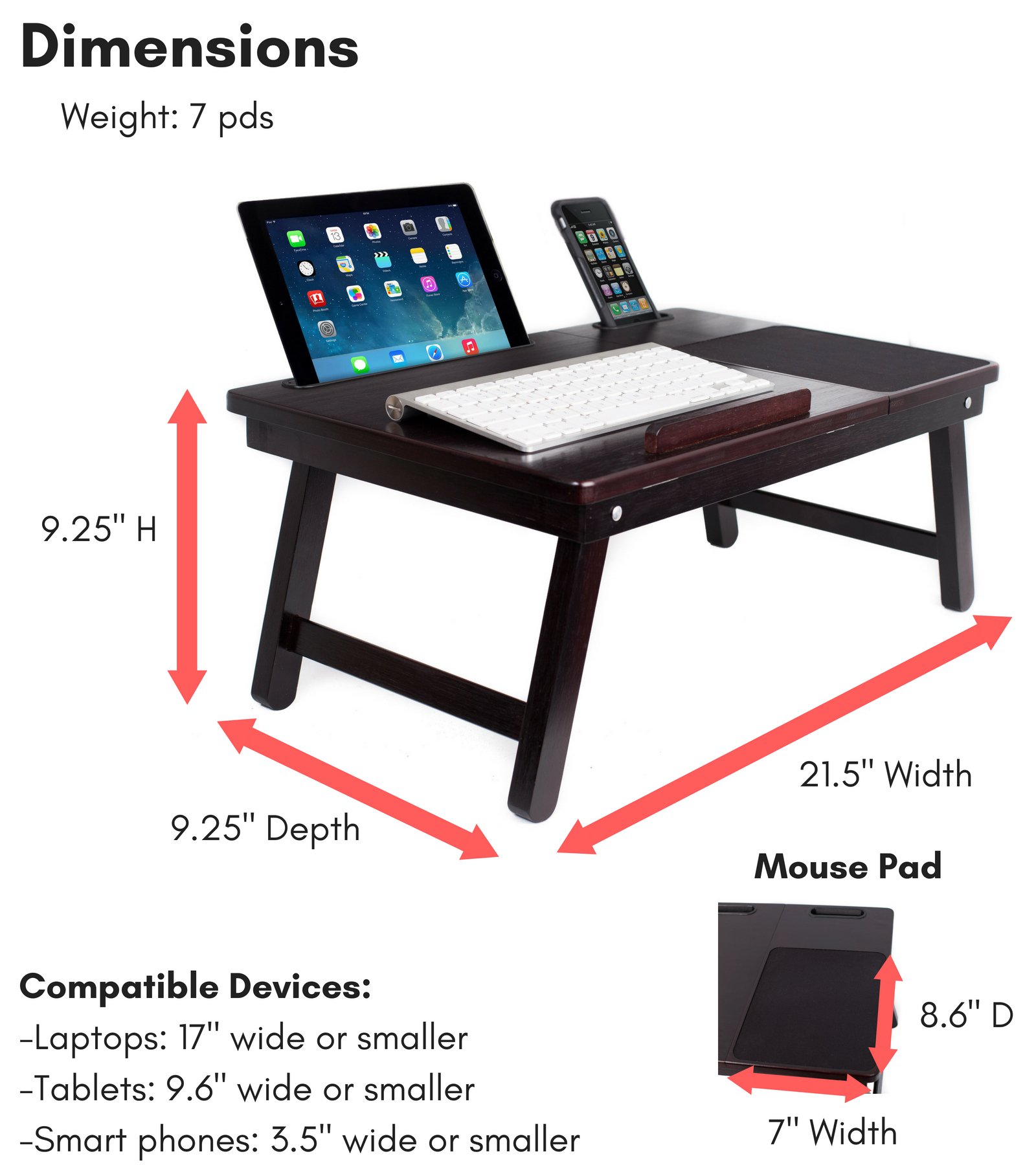Sofia + Sam Laptop Bed Tray with Storage Drawer and Media Slots | Folding Legs and Mouse Pad | Fits Laptops Up to 15" | Tablets Up to 9.6" | Smart Phones Up to 4" | Espresso | Work from Home Desk