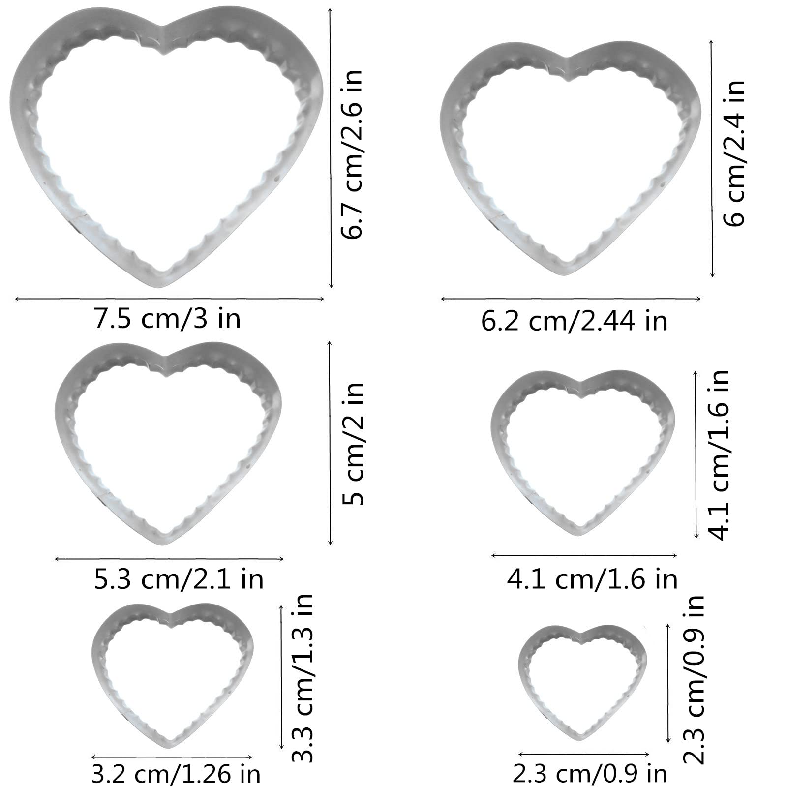 Heart Shaped Double Cut-Outs Cookie Cutter Set of 6 pcs, Stainless Steel Crinkly and Straight Edge Double Sides Fondant Cutters