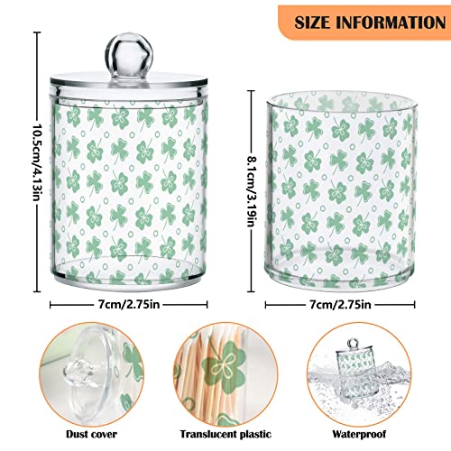 Kigai 2 Pack Apothecary Jars Saint Patrick's Day Clover Qtip Holder Organizer Clear Airtight Container for Cotton Swabs Food Storage 14oz Plastic Jars with Lids