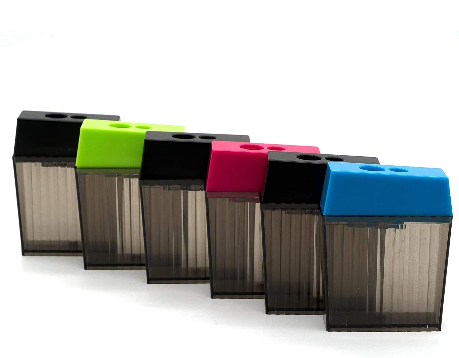Emraw Dual Hole Manual Pencil Sharpener with Rectangular Receptacle to Catch Shavings for Regular & Oversize Pencils/Crayons - Blue, Green, Pink & Black -Great for School, Home & Office (6 Pack)