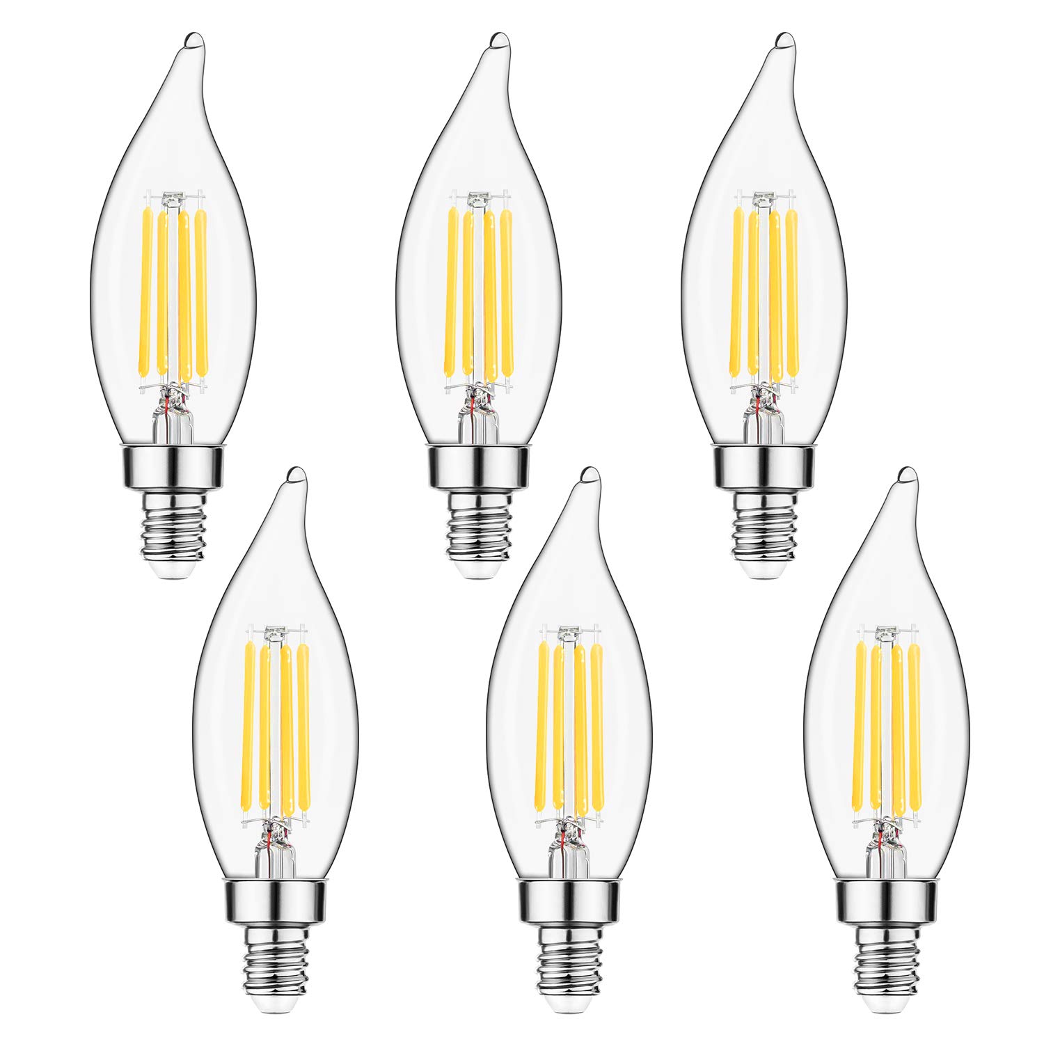 E12 Candelabra LED Light Bulbs Dimmable, 60W Equivalent LED Chandelier Light Bulbs 4.5W Soft White 2700K 500LM CA10 Flame Tip Vintage LED Filament Candle Bulb with Decorative Candelabra Base, 6 Packs
