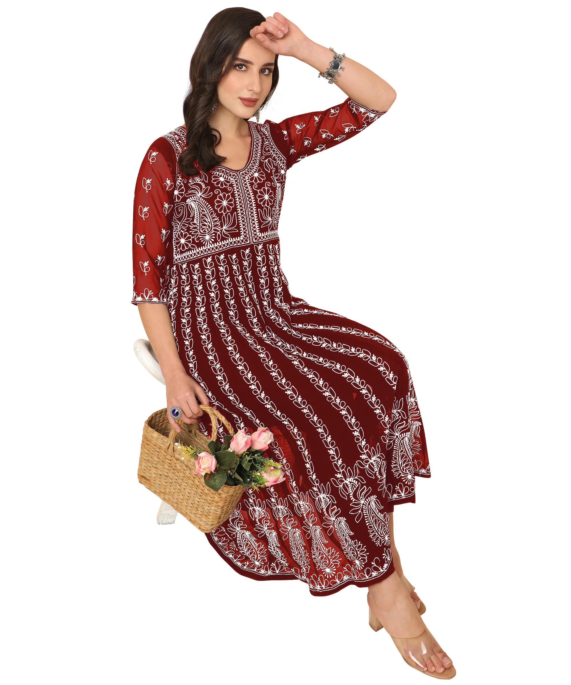 EthnicJunction Women's Georgette Chikankari Embroidery Anarkali Kurta (X Large) (Rust Orange)