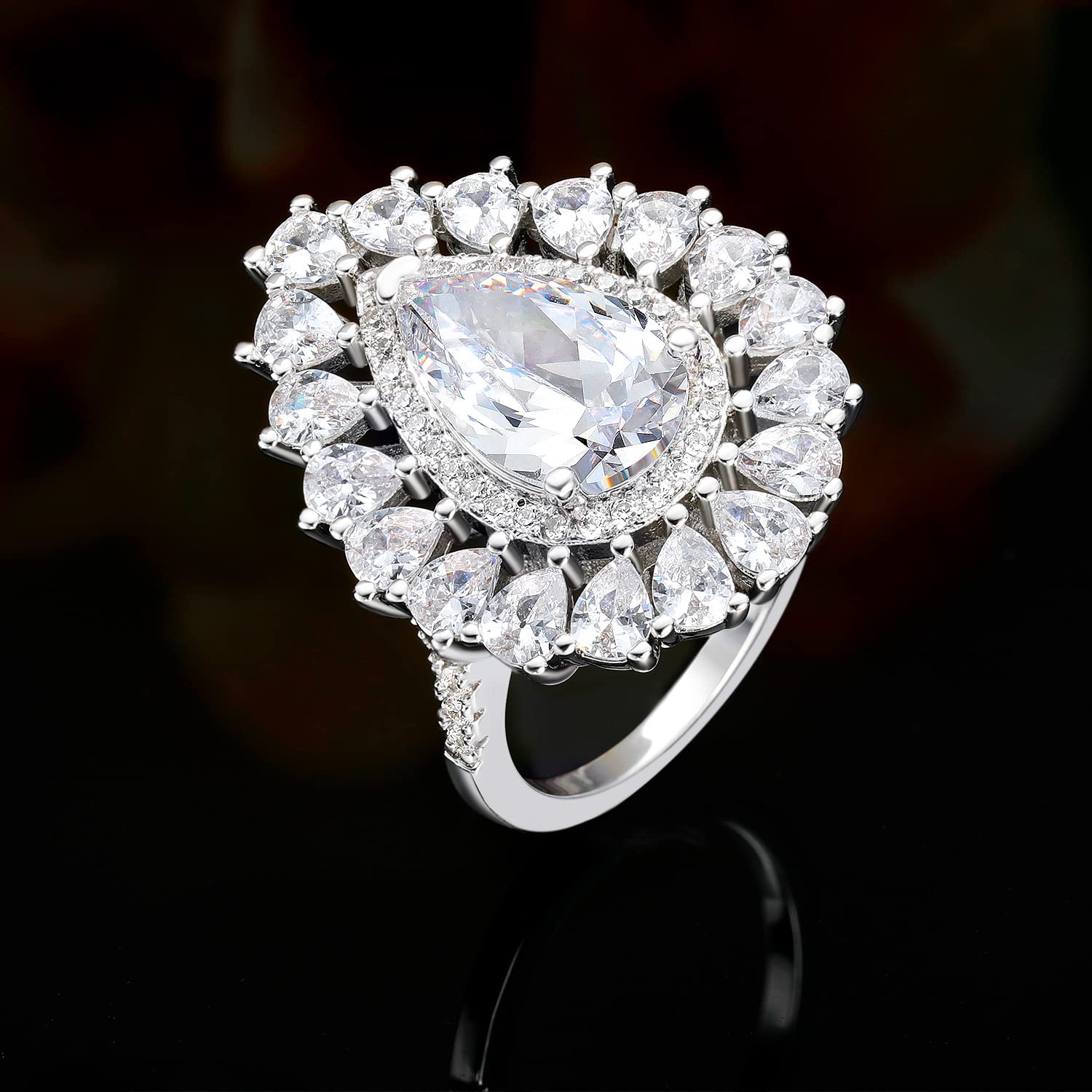 Gemsme Teardrop Wedding Rings,18K White Gold Plated Teardrop Cubic Zirconia Rings Halo Pear Wedding Bride Ring (7)