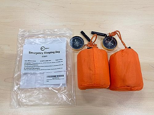 Esky Emergency Sleeping Bag, 2 Pack Survival Bag Portable Thermal Bivy Sack, Waterproof Lightweight Emergency Blanket Survival Gear with Compass and Whistle for Camping Hiking Outdoor Adventure