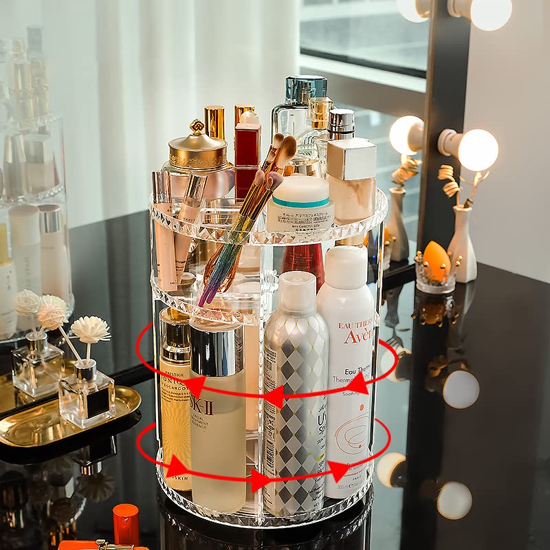 LoengMax 360 Rotating Makeup Organizer, Acrylic DIY Adjustable Spinning Holder, Large Capacity Make up Caddy Shelf, Fits Makeup Brushes Lipsticks (Clear)