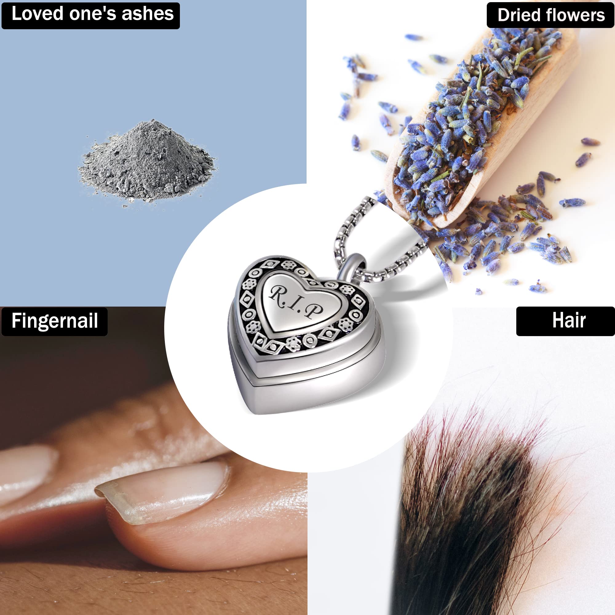 Fanery Sue Customized Urns Locket for Human Ashes Keepsake,Locket Necklace for Ashes with Picture Inside Cremation Jewelry Ashes Holder for Women Men (Classic Heart Silver)