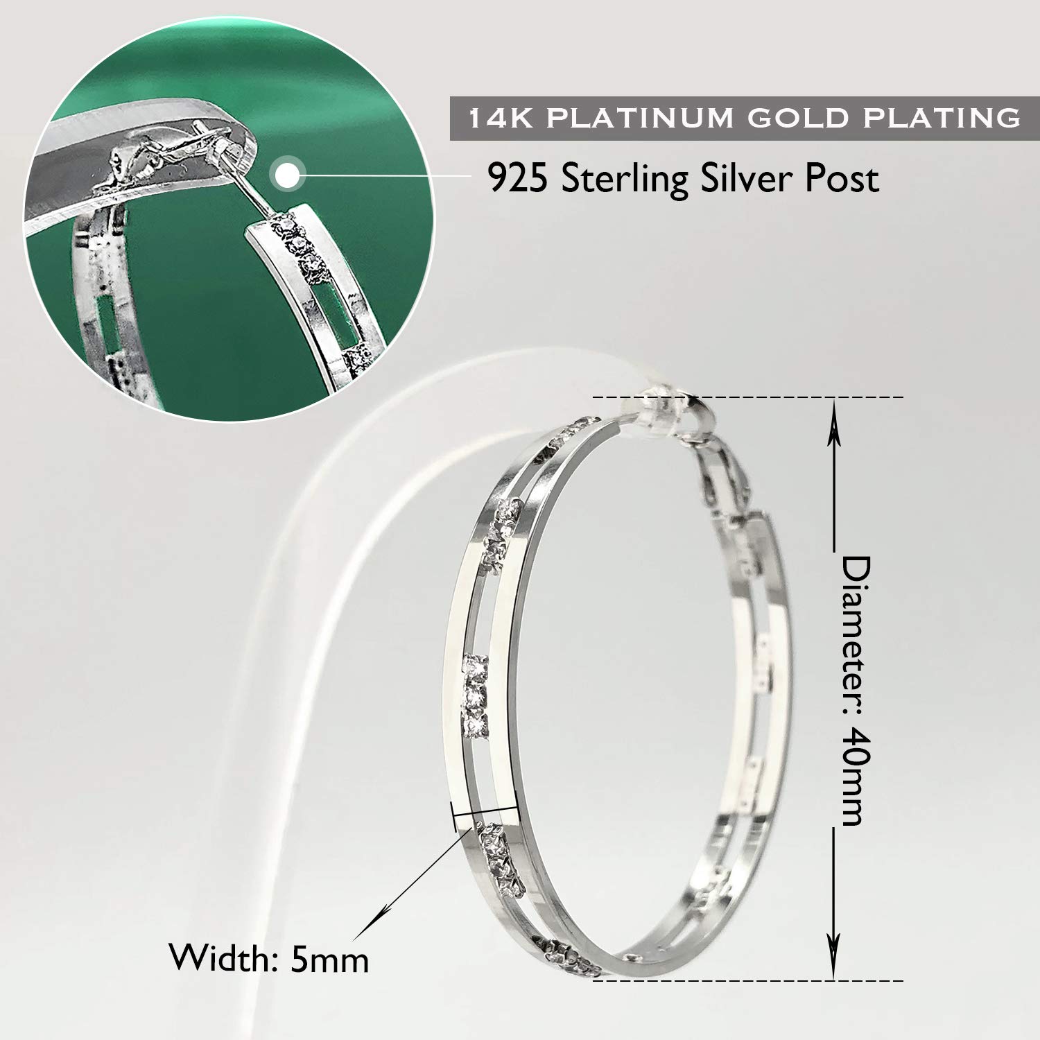 GANADARA Cubic Zirconia Hoop Earrings for Women - 14K Gold Plated 925 Sterling Silver Shiny Wide Round Hoop Earrings (Silver)