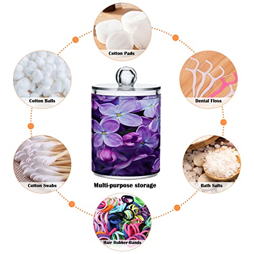 Kigai 2PCS Spring Lilac Purple Floral Qtip Holder Dispenser with Lids - 14 oz Bathroom Storage Organizer Set, Clear Apothecary Jars Food Storage Containers, for Tea, Coffee, Cotton Ball, Floss