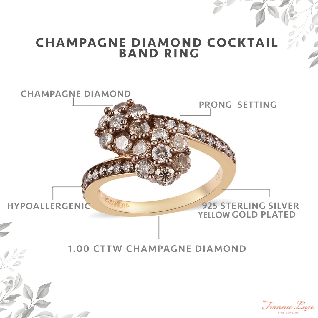 Femme Luxe 18K Yellow Gold Plated Silver 1.00 ct.t.w Champagne Diamond Elegant Cocktail Women's Ring In 925 Sterling Silver (Size: 7)